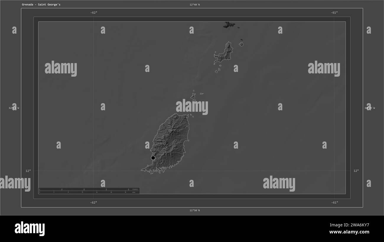 Grenada highlighted on a Bilevel elevation map with lakes and rivers ...