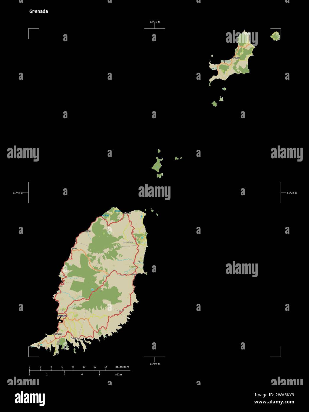 Shape of a topographic, OSM Humanitarian style map of the Grenada, with ...