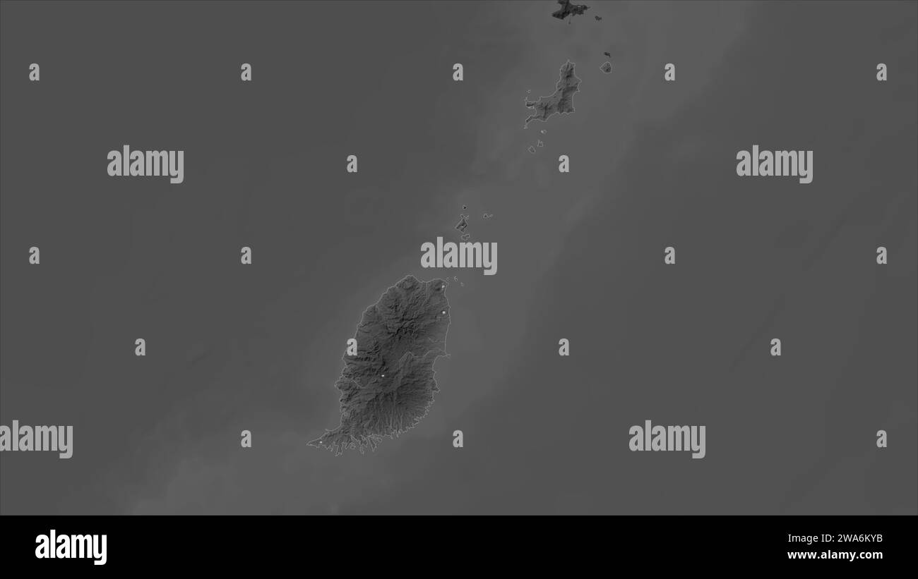 Grenada highlighted on a Grayscale elevation map with lakes and rivers ...