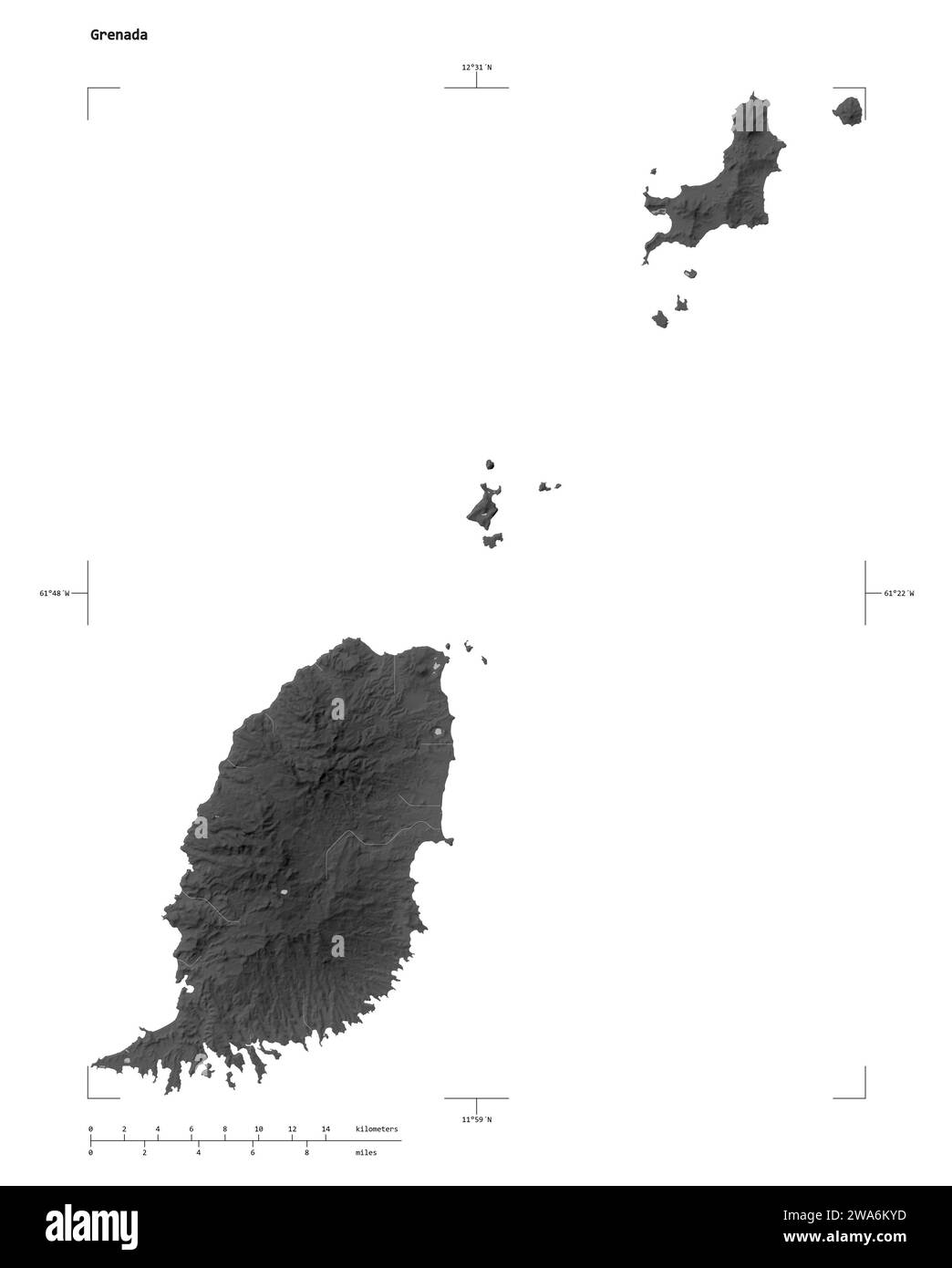 Shape of a Grayscale elevation map with lakes and rivers of the Grenada ...