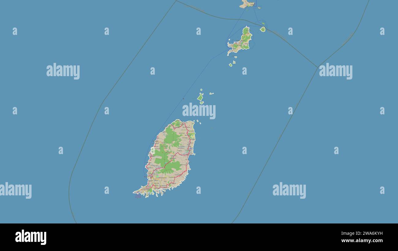 Grenada outlined on a topographic, OSM Germany style map Stock Photo - Alamy