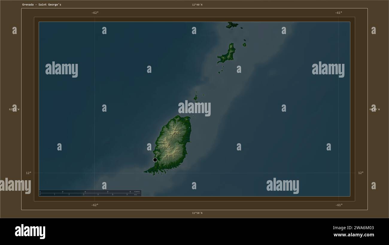 Grenada highlighted on a Colored elevation map with lakes and rivers ...