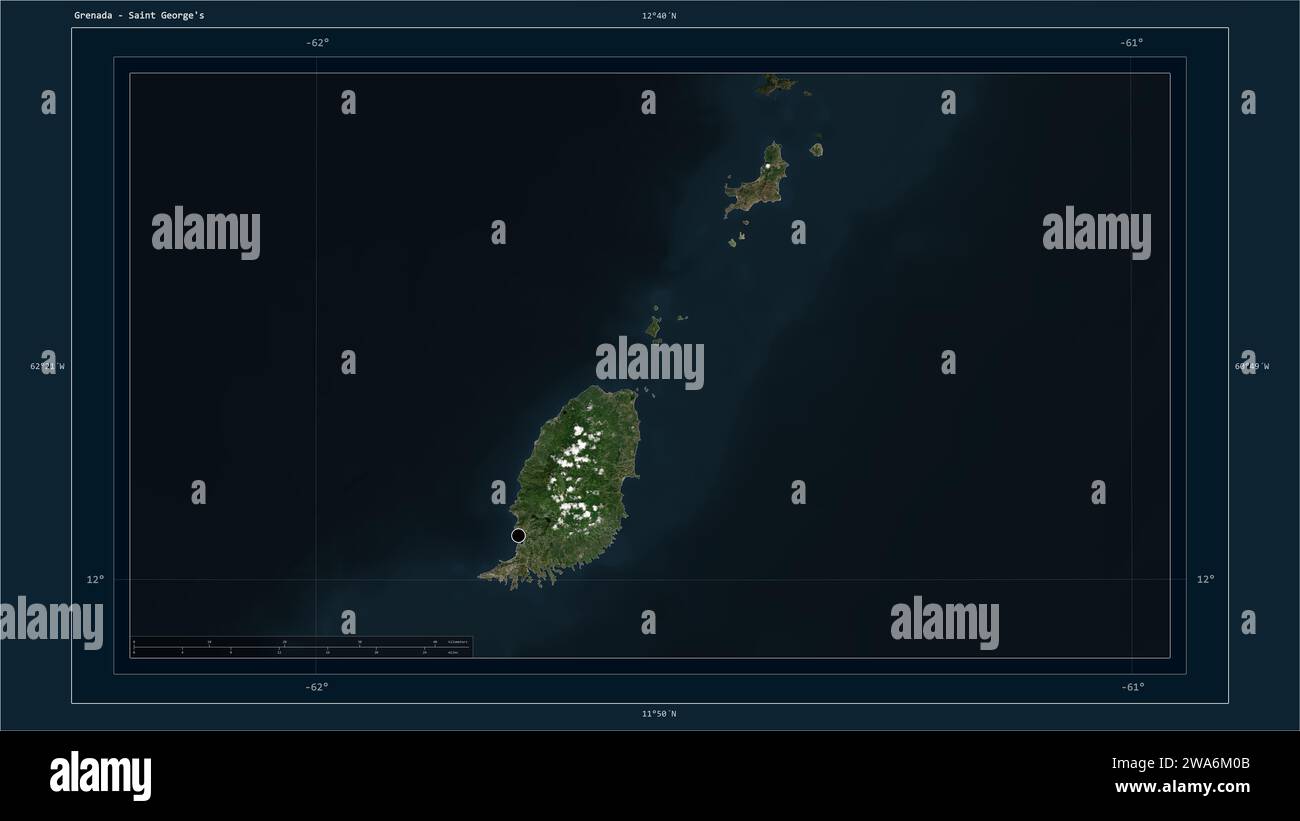 Grenada highlighted on a high resolution satellite map map with the country's capital point ...