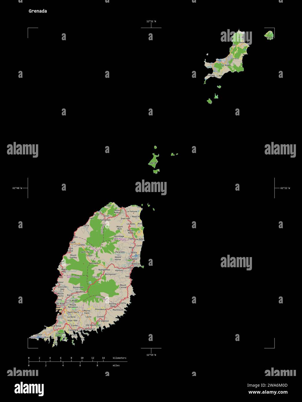 Shape of a topographic, OSM France style map of the Grenada, with ...