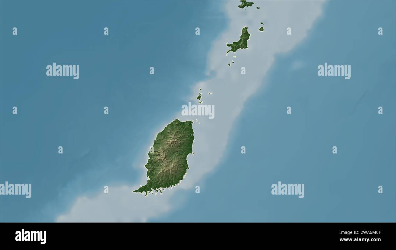 Grenada outlined on a Pale colored elevation map with lakes and rivers ...