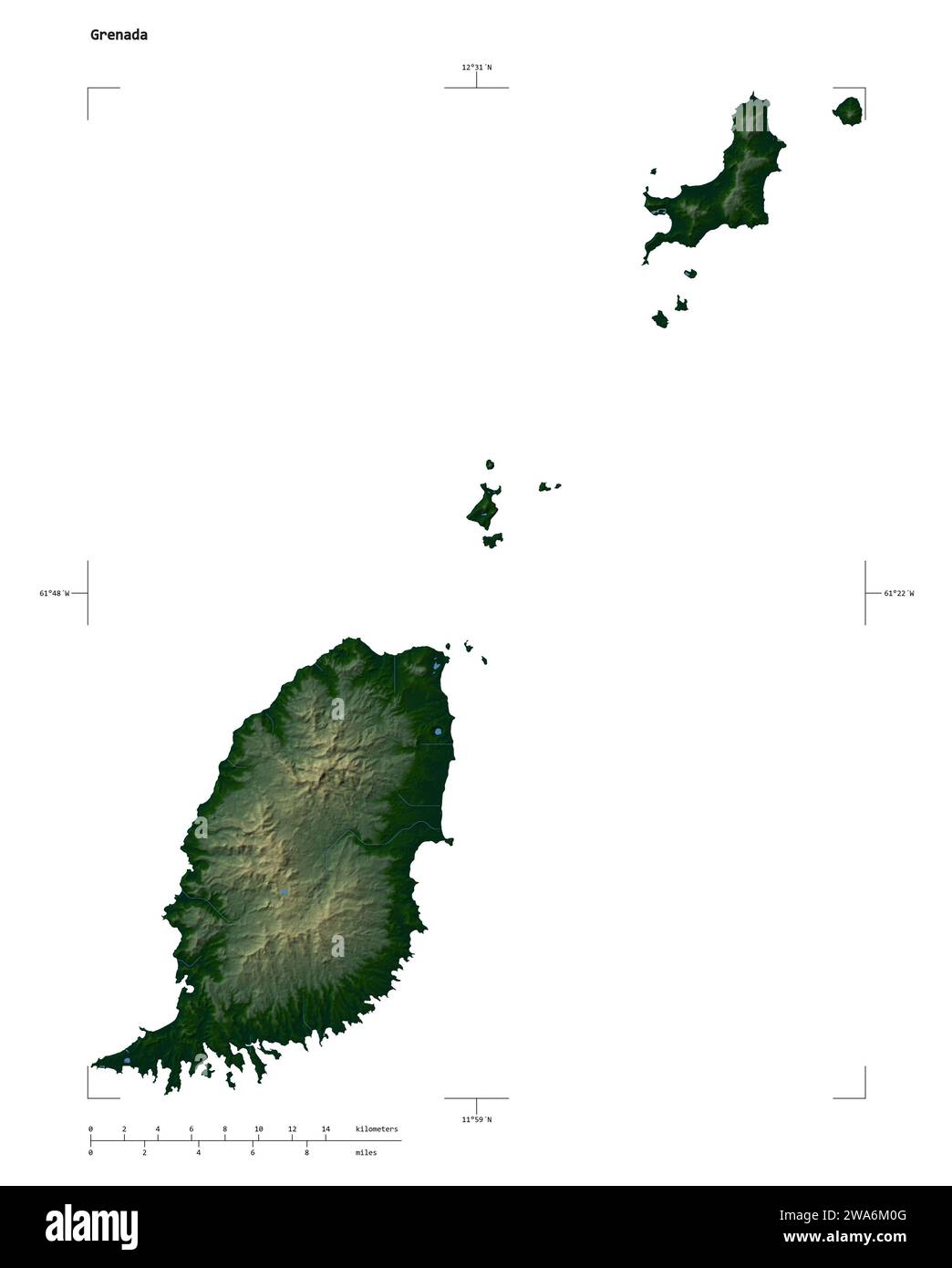 Shape of a Colored elevation map with lakes and rivers of the Grenada ...