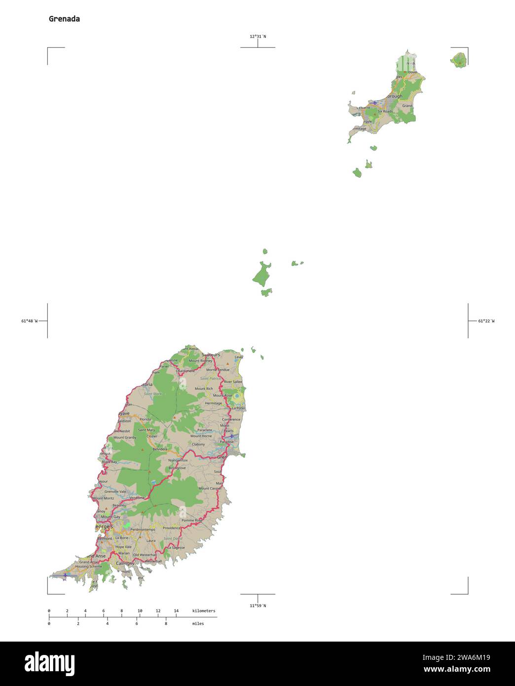 Shape of a topographic, OSM Germany style map of the Grenada, with distance scale and map border ...