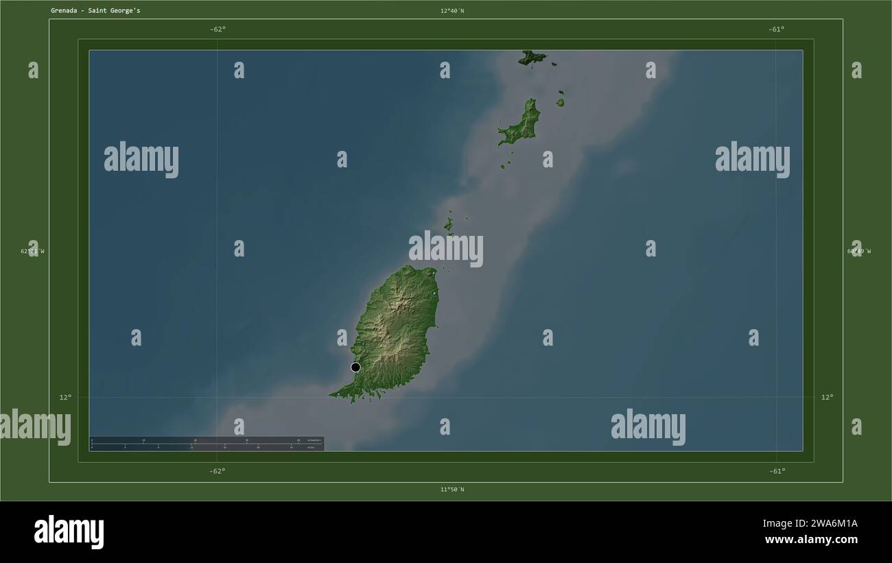 Grenada highlighted on a Pale colored elevation map with lakes and ...
