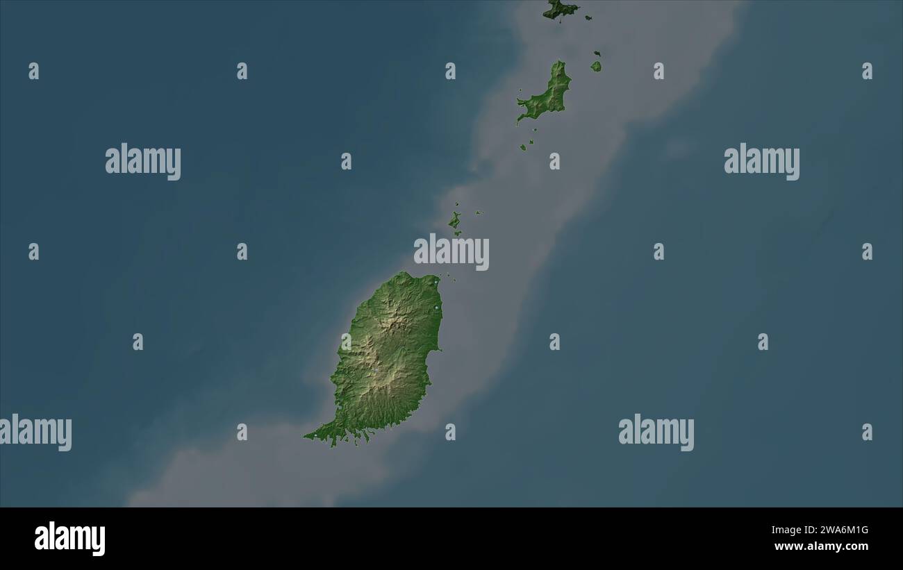 Grenada highlighted on a Pale colored elevation map with lakes and ...
