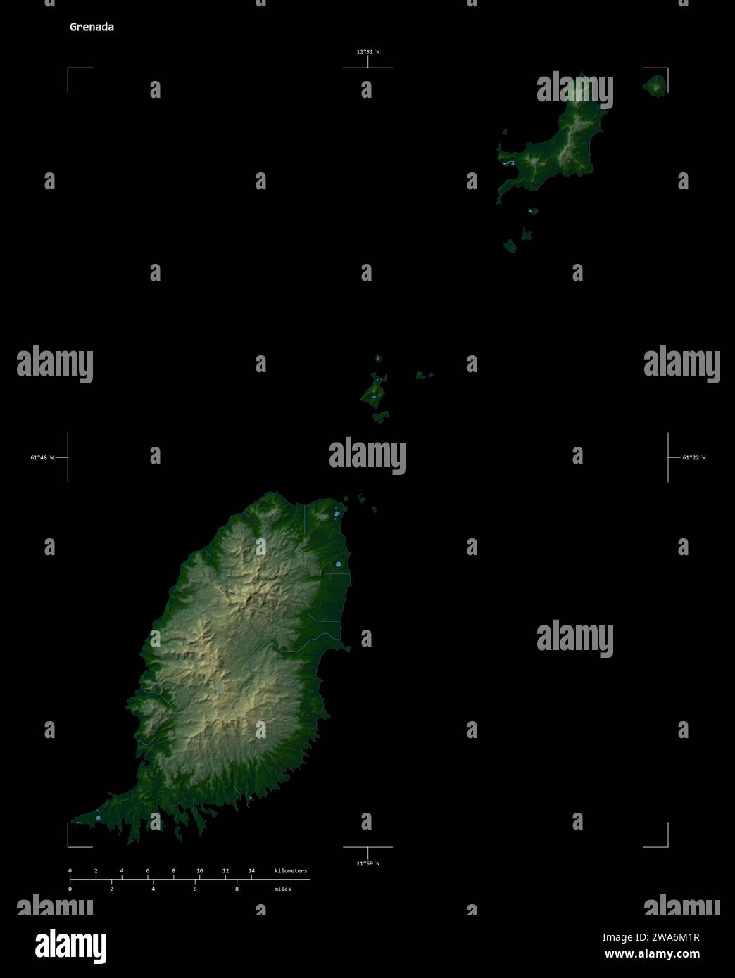Shape of a Colored elevation map with lakes and rivers of the Grenada ...