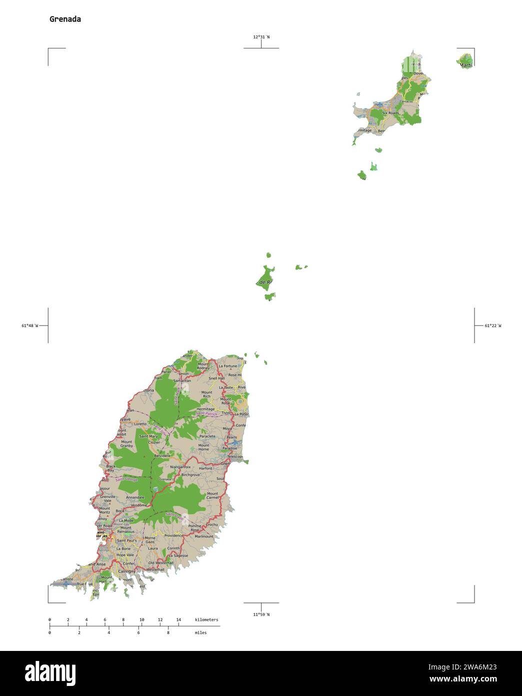 Shape of a topographic, OSM France style map of the Grenada, with ...