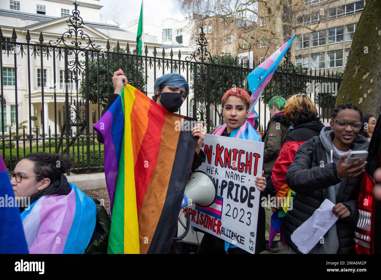 LGBTQ+ protesters outside the Saudi embassy in London protesting the ...