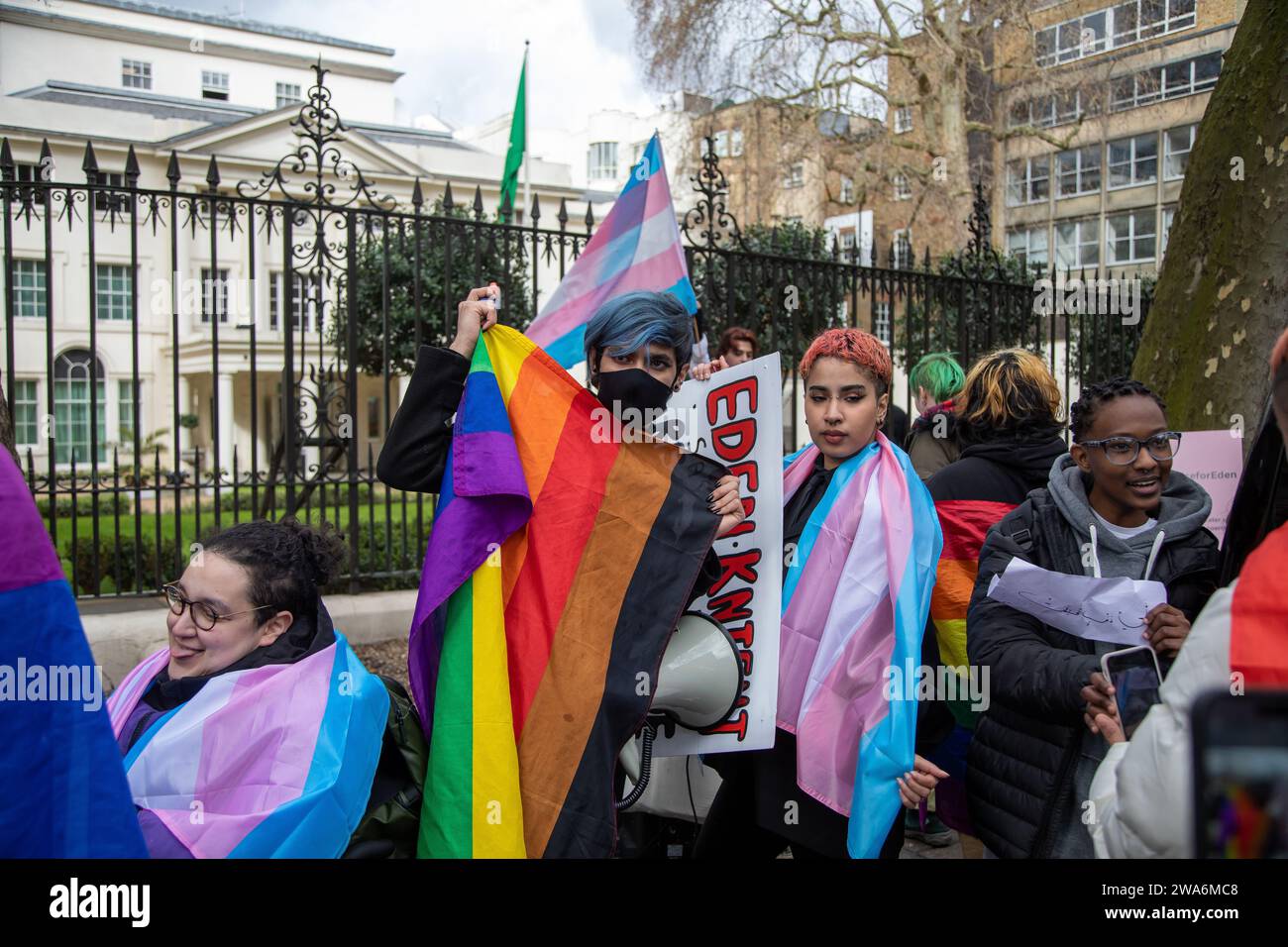 LGBTQ+ protesters outside the Saudi embassy in London protesting the ...