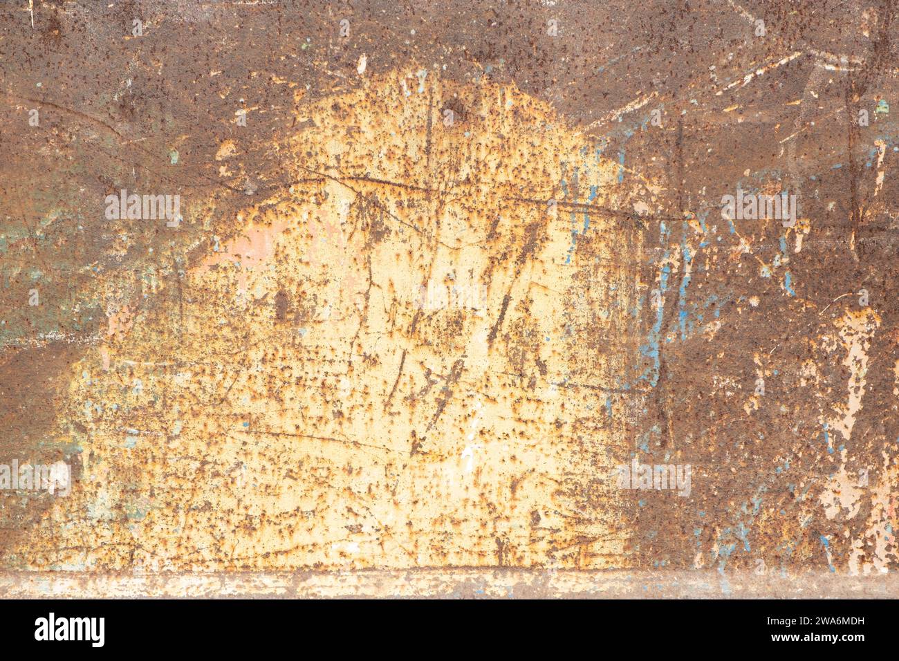 a list of rusty iron metal with remnants of paint, weathered building ...