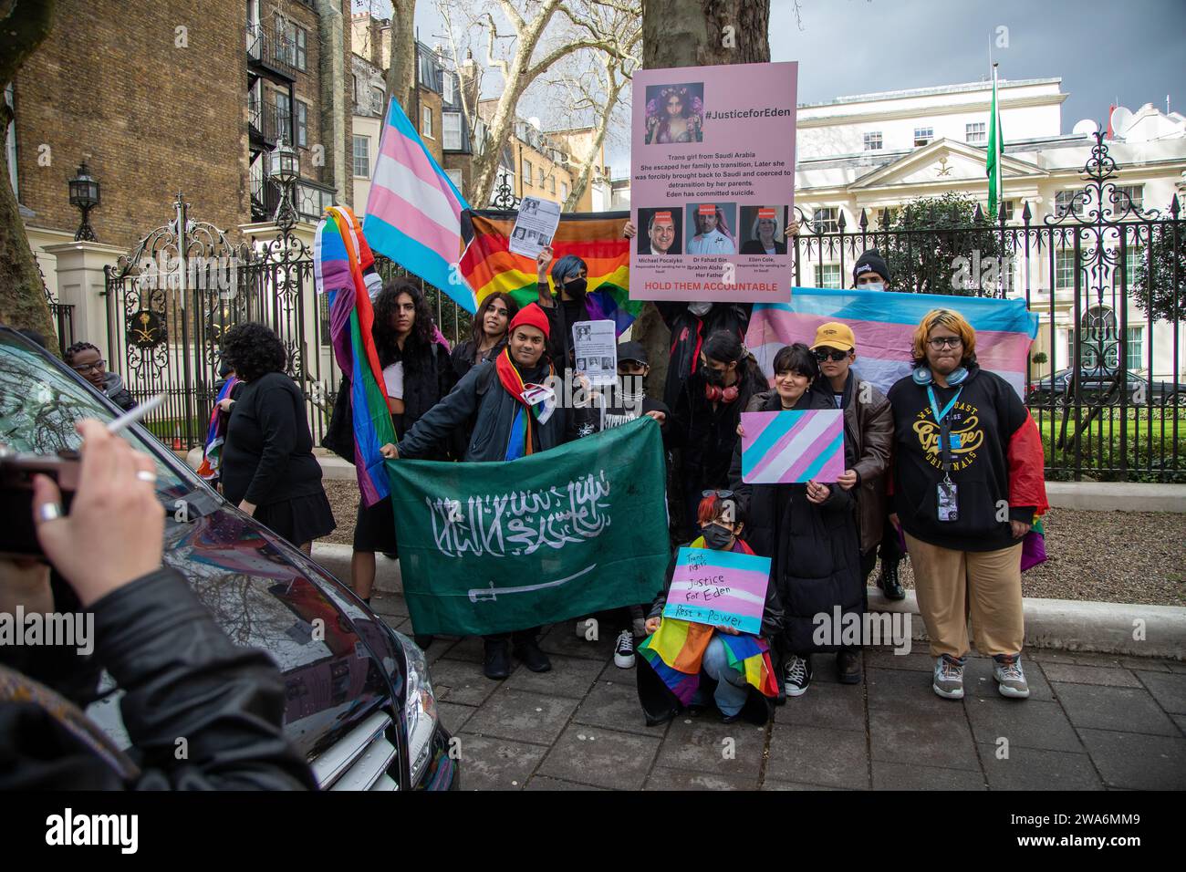 LGBTQ+ protesters outside the Saudi embassy in London protesting the ...