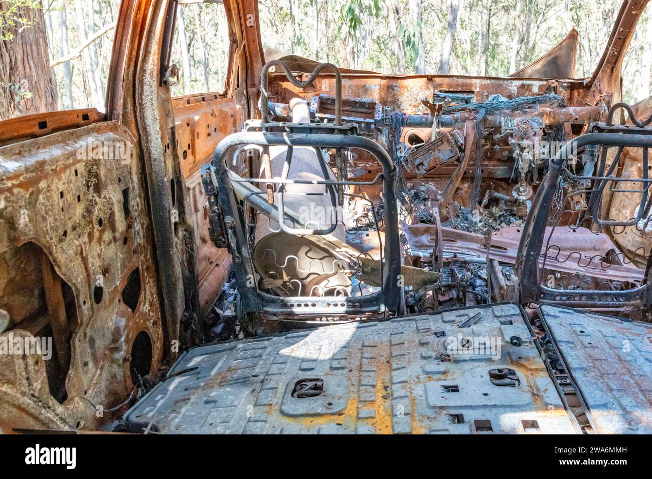 Photograph of the interior of a small car that has been abandoned on a ...