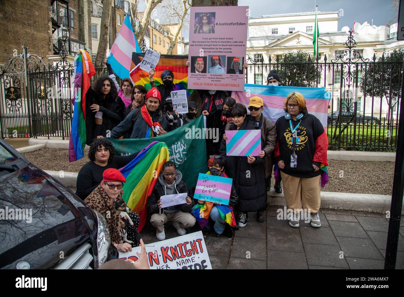 LGBTQ+ protesters outside the Saudi embassy in London protesting the ...