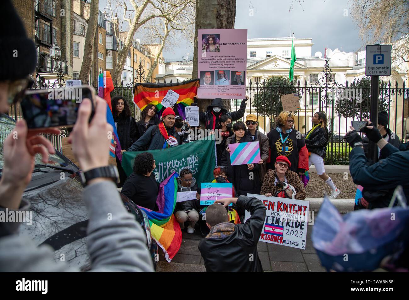 LGBTQ+ protesters outside the Saudi embassy in London protesting the ...