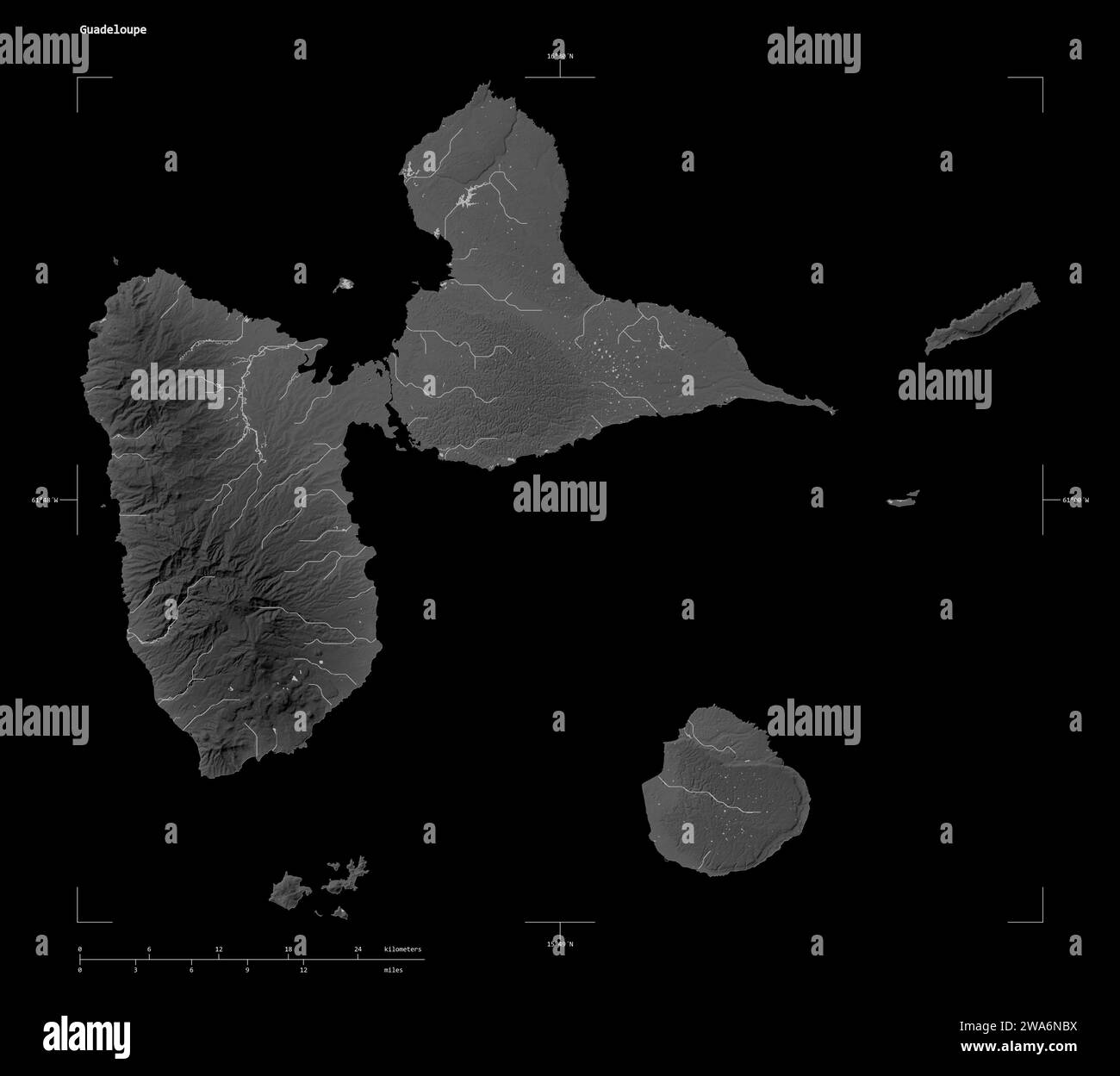 Shape of a Grayscale elevation map with lakes and rivers of the Guadeloupe, with distance scale ...