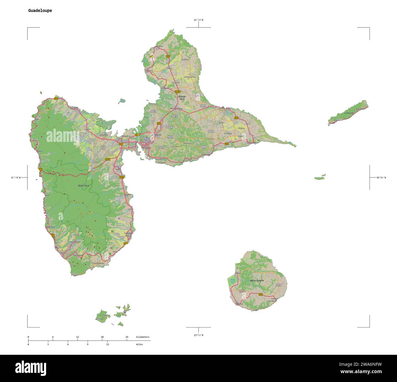 Shape of a topographic, OSM Germany style map of the Guadeloupe, with distance scale and map ...