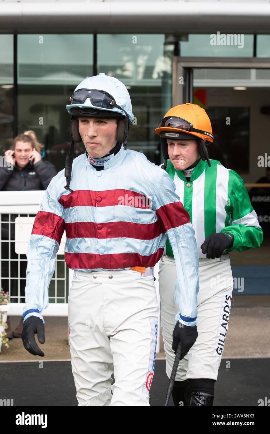 Ascot, Berkshire, UK. 22nd December, 2023. Jockeys Harry Cobden (F) and ...
