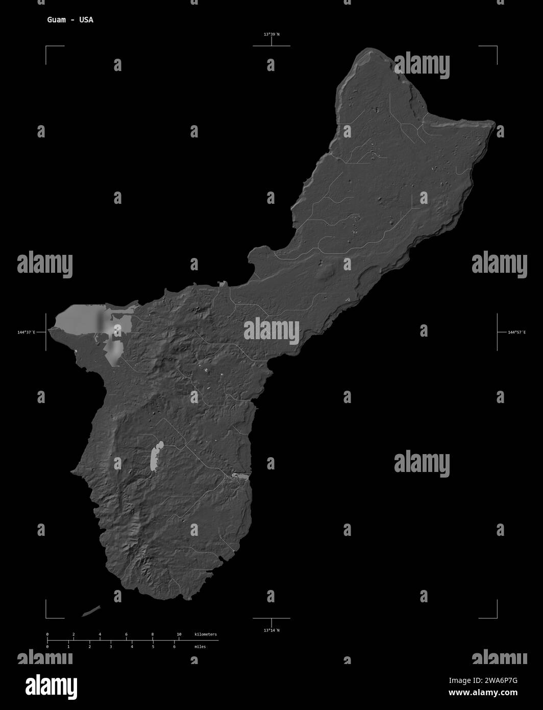 Shape of a Bilevel elevation map with lakes and rivers of the Guam ...