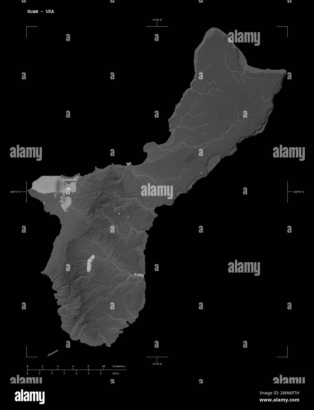 Shape of a Grayscale elevation map with lakes and rivers of the Guam ...