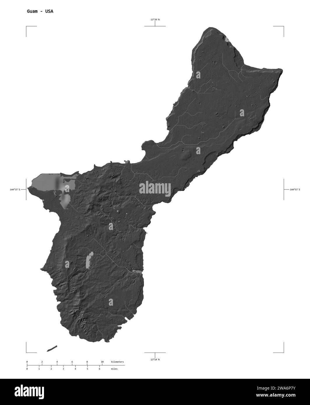 Shape of a Bilevel elevation map with lakes and rivers of the Guam ...