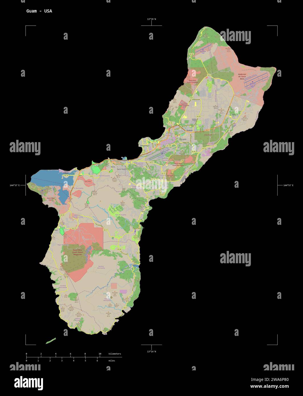 Shape of a topographic, OSM standard style map of the Guam - USA, with ...
