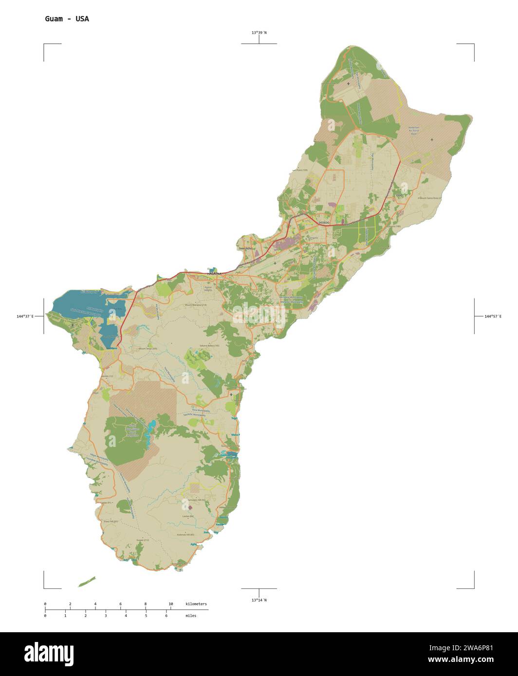 Shape of a topographic, OSM Humanitarian style map of the Guam - USA ...