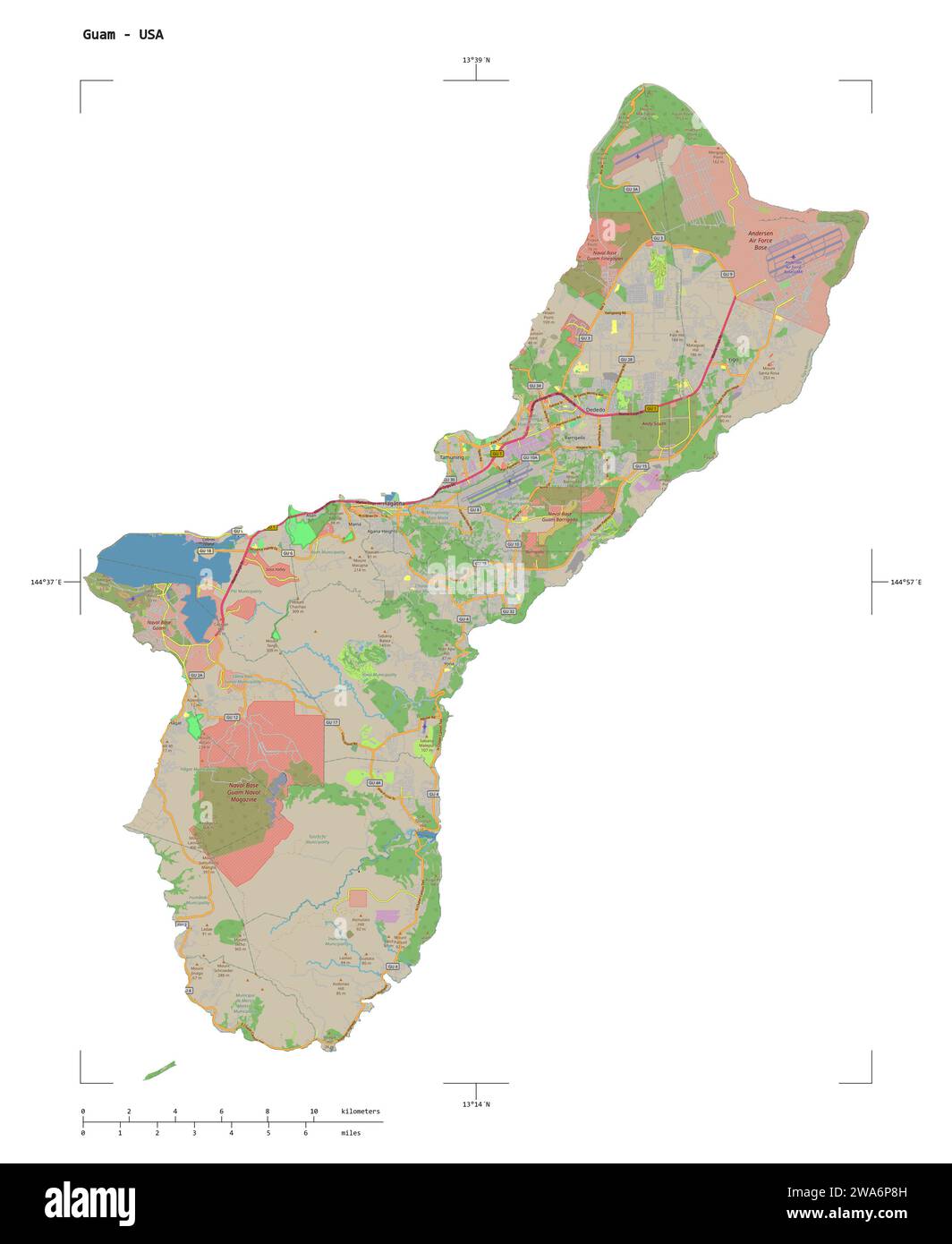 Shape of a topographic, OSM Germany style map of the Guam - USA, with distance scale and map ...
