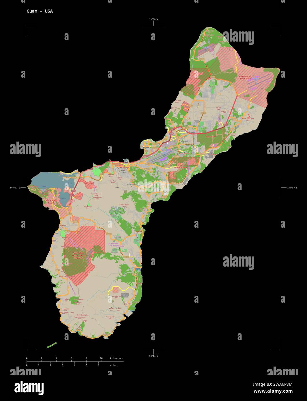 Shape of a topographic, OSM France style map of the Guam - USA, with ...