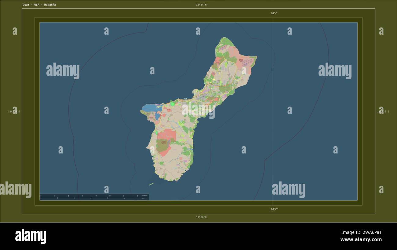 Guam - USA highlighted on a topographic, OSM standard style map map ...