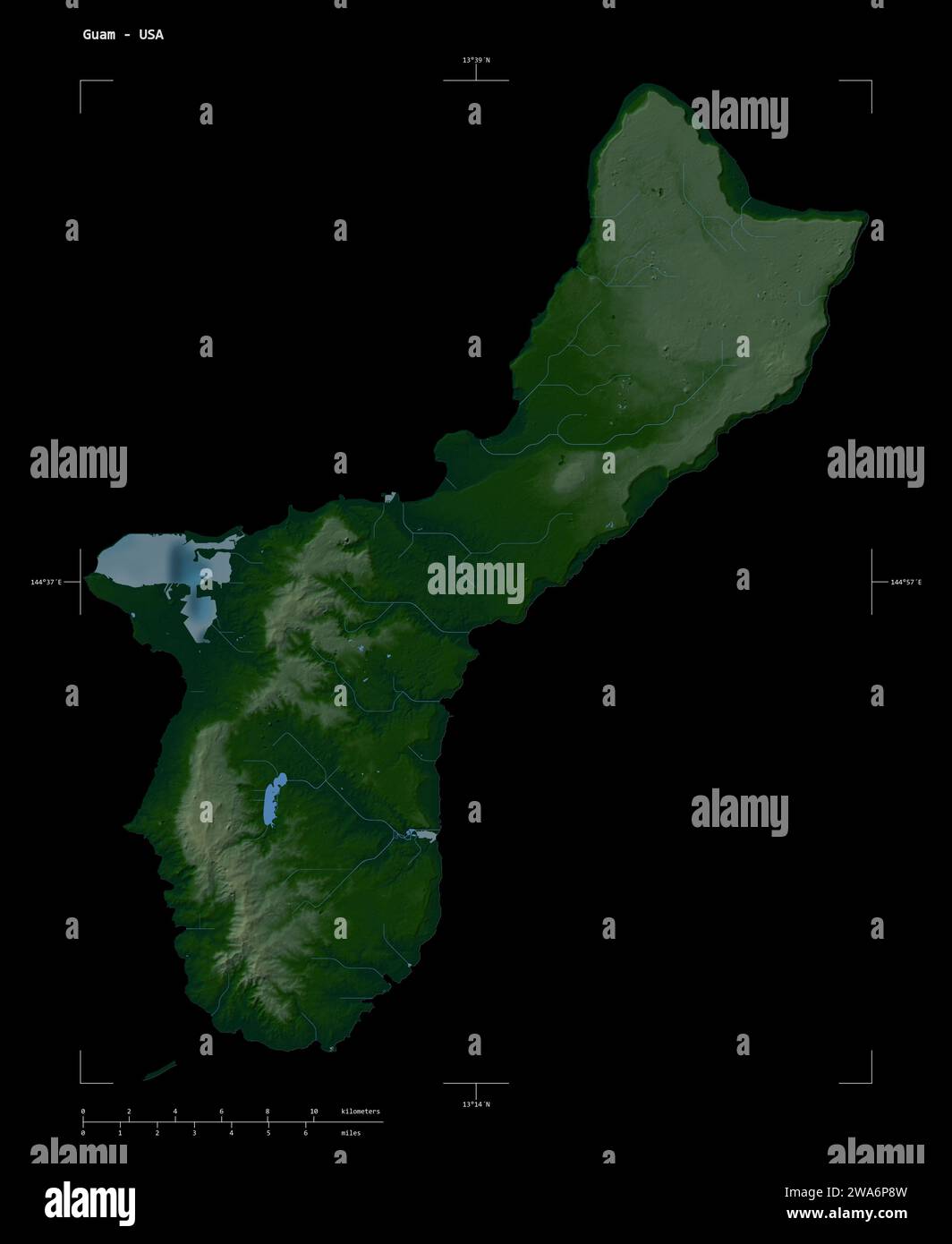 Shape of a Colored elevation map with lakes and rivers of the Guam ...