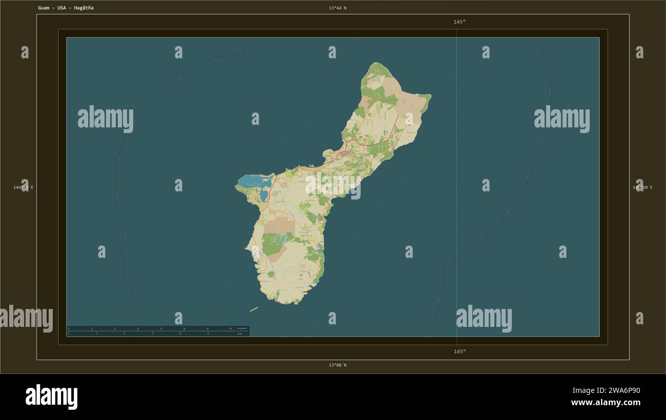 Guam - USA highlighted on a topographic, OSM Humanitarian style map map ...