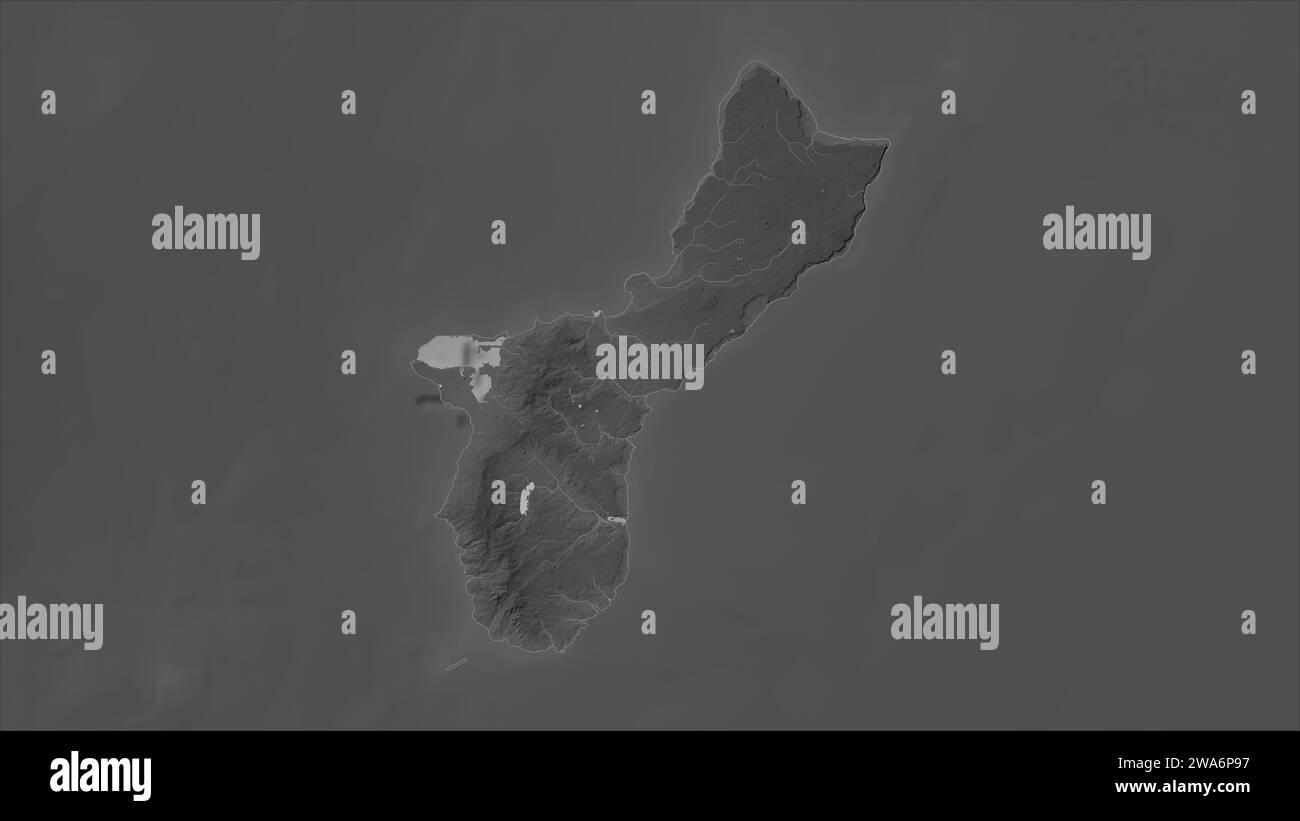 Guam - USA highlighted on a Grayscale elevation map with lakes and ...