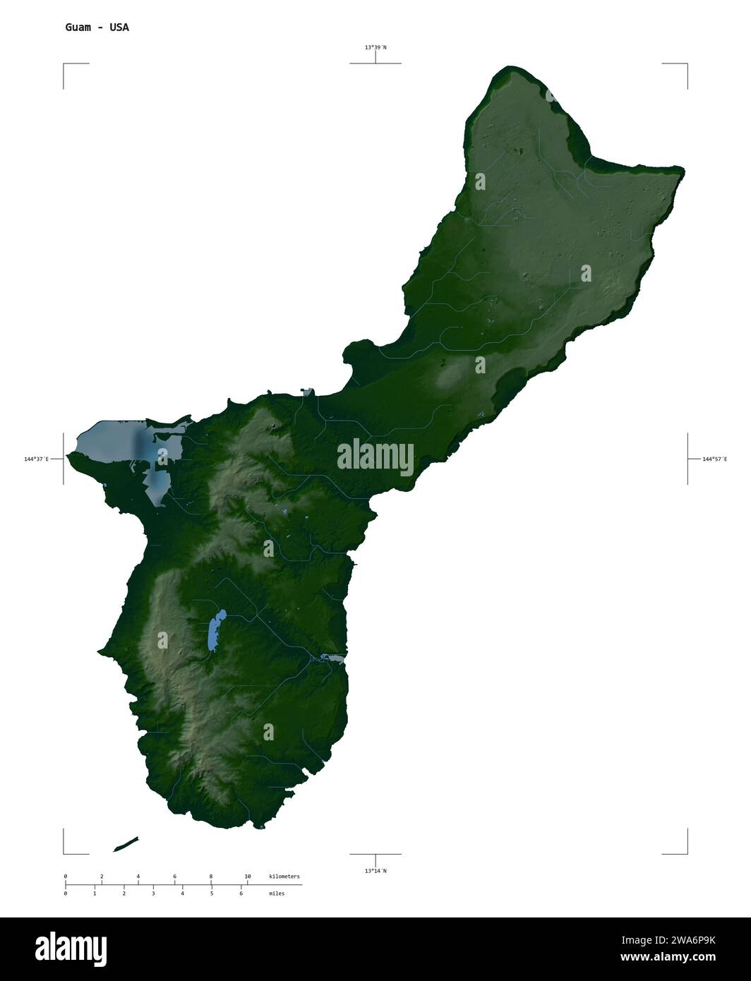 Shape of a Colored elevation map with lakes and rivers of the Guam ...