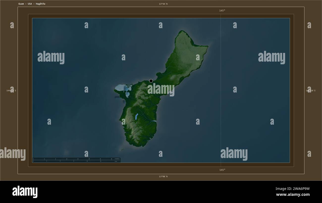 Guam - USA highlighted on a Colored elevation map with lakes and rivers ...