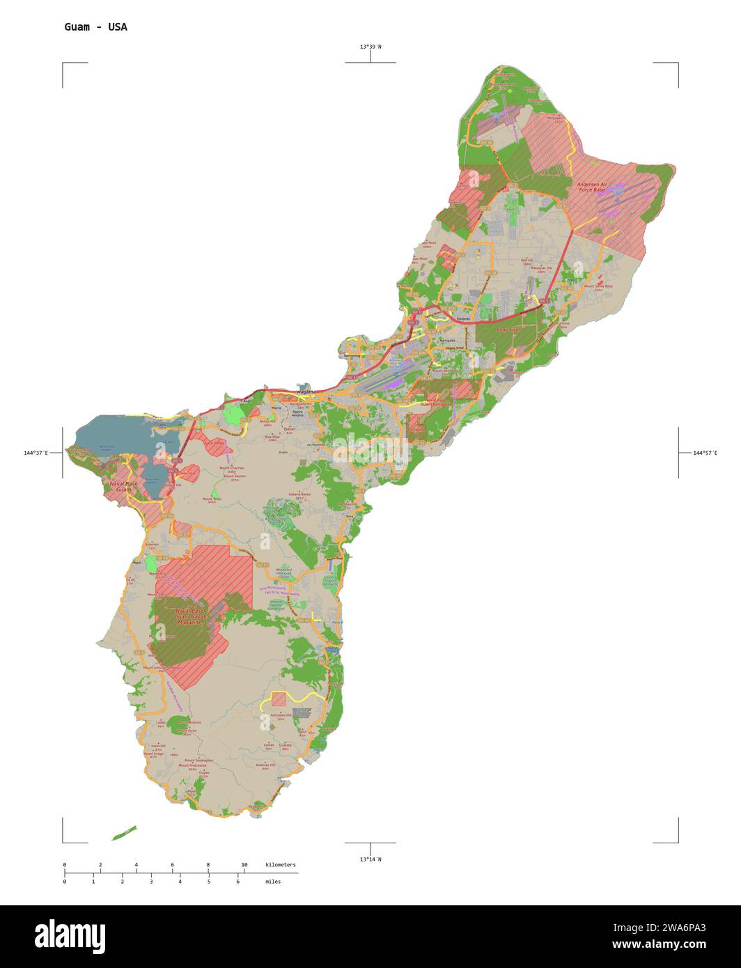 Shape of a topographic, OSM France style map of the Guam - USA, with ...