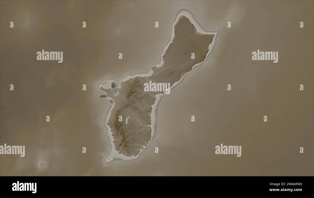 Guam - USA outlined on a elevation map colored in sepia tones with ...