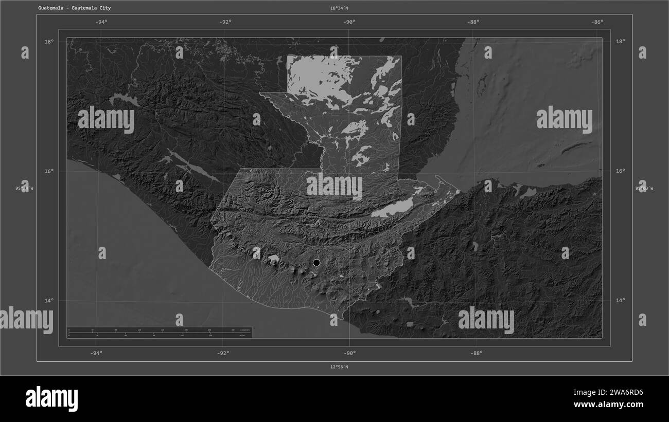 Guatemala highlighted on a Bilevel elevation map with lakes and rivers ...
