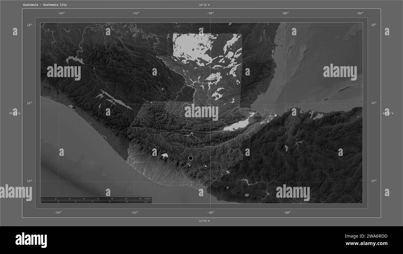 Guatemala highlighted on a Grayscale elevation map with lakes and ...