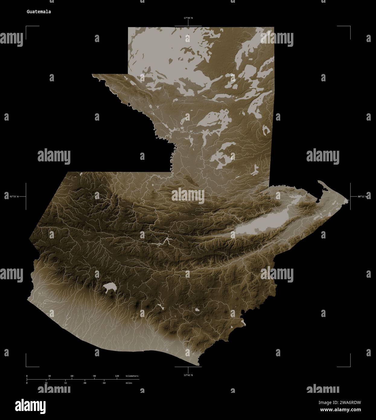 Shape of a elevation map colored in sepia tones with lakes and rivers ...