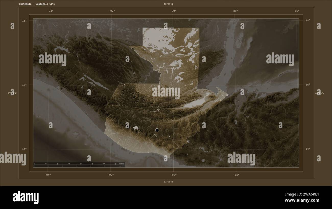 Guatemala highlighted on a elevation map colored in sepia tones with ...