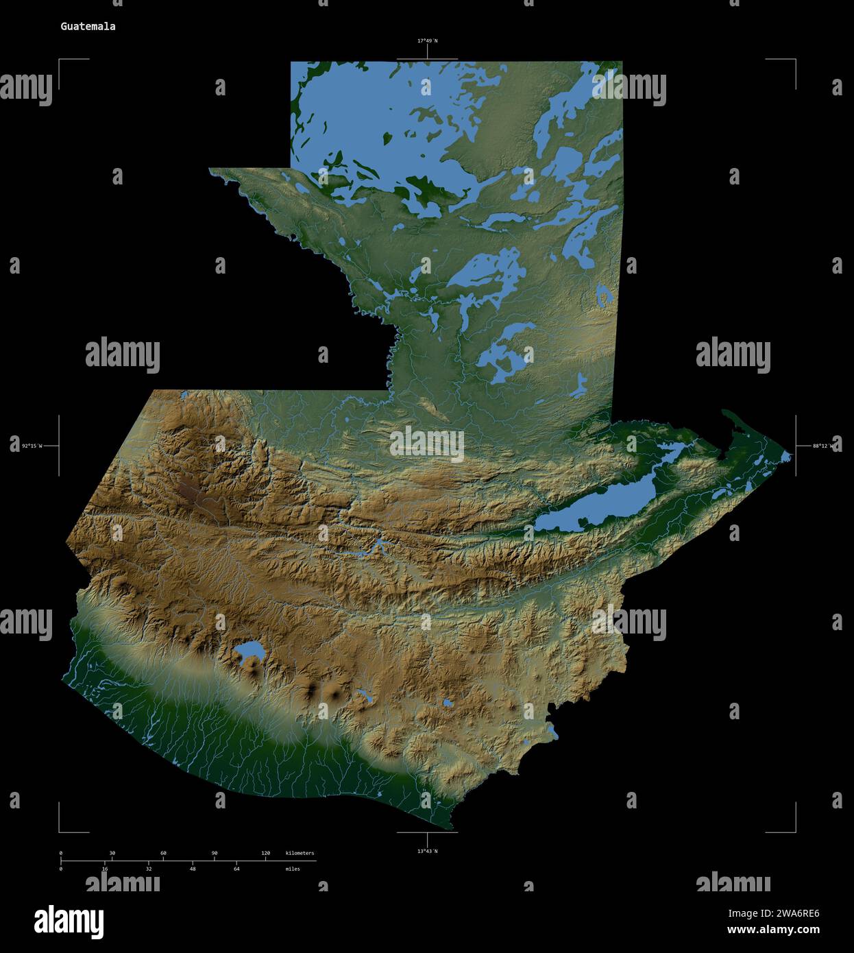 Shape of a Colored elevation map with lakes and rivers of the Guatemala ...