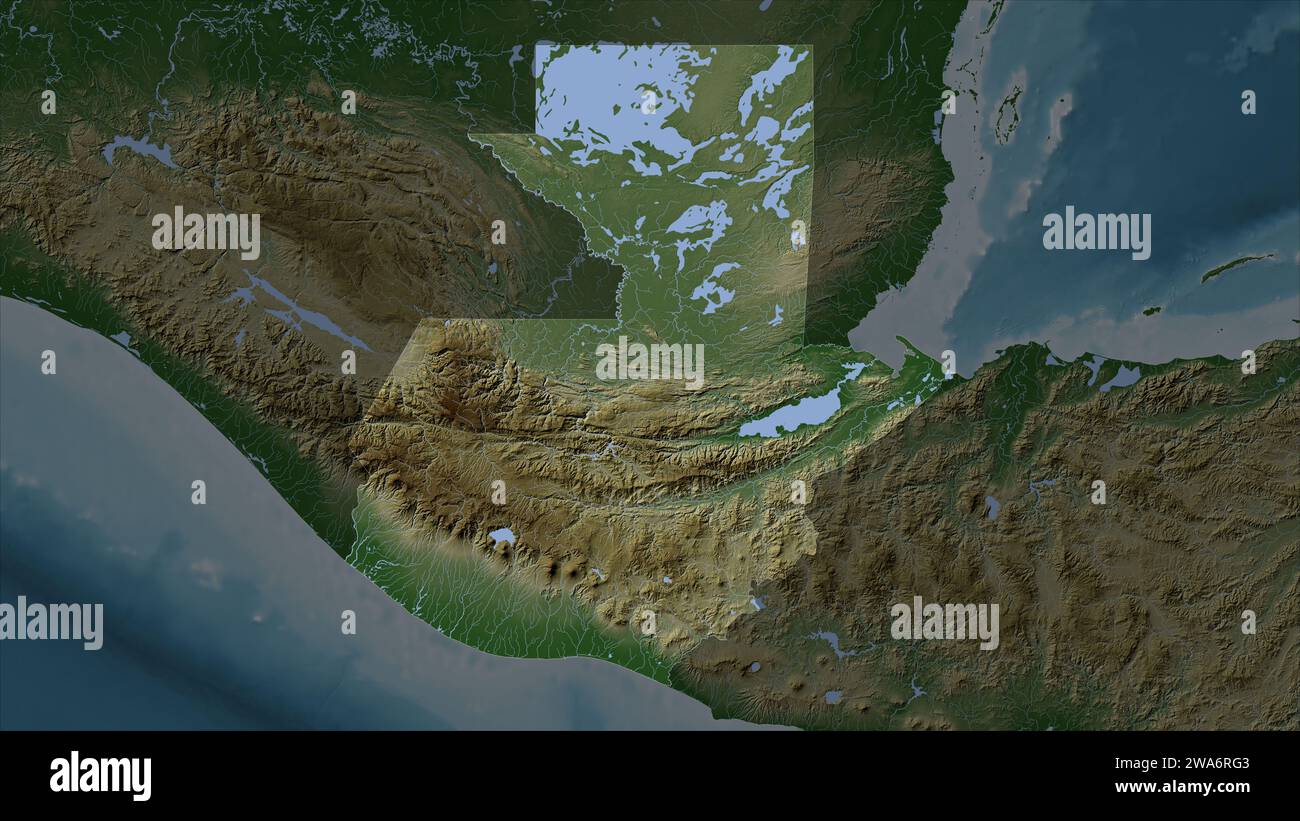 Guatemala highlighted on a Pale colored elevation map with lakes and ...