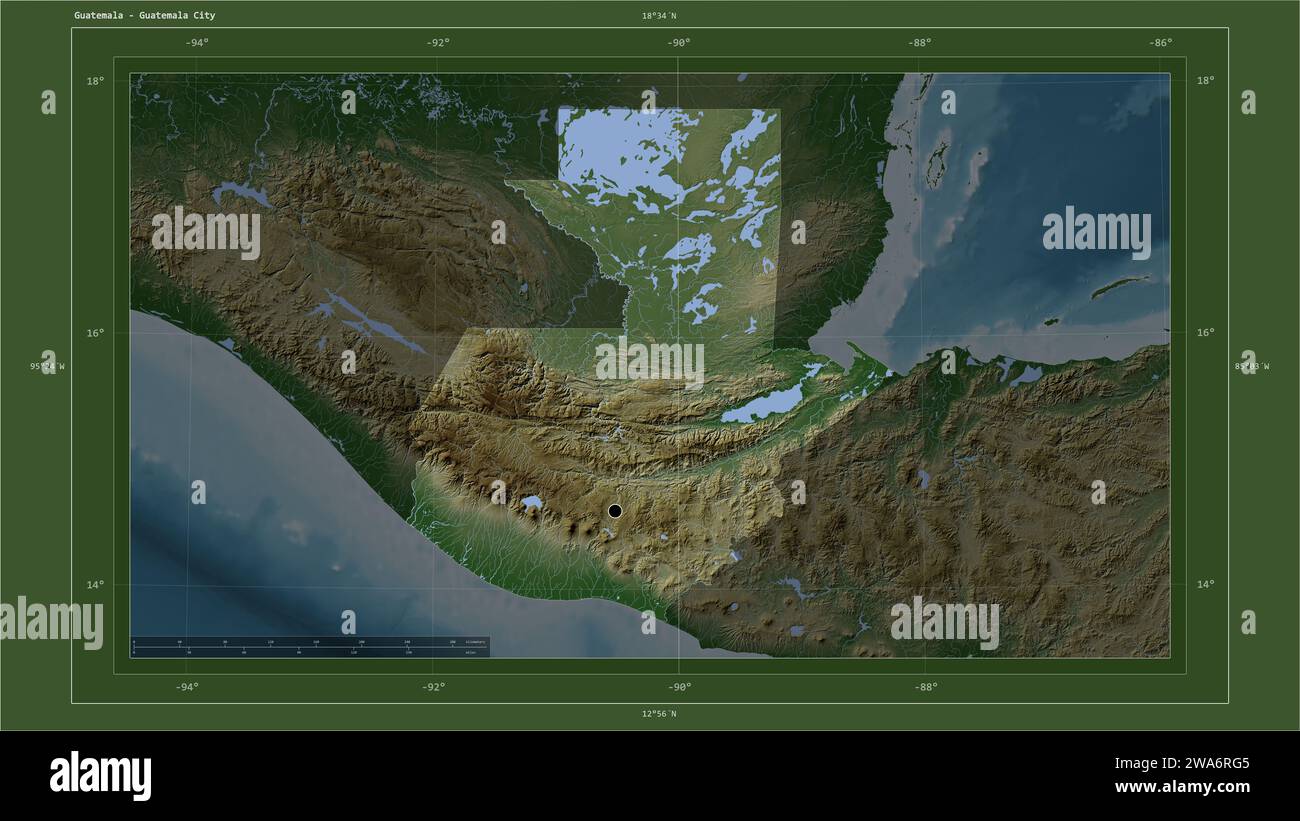 Guatemala highlighted on a Pale colored elevation map with lakes and ...