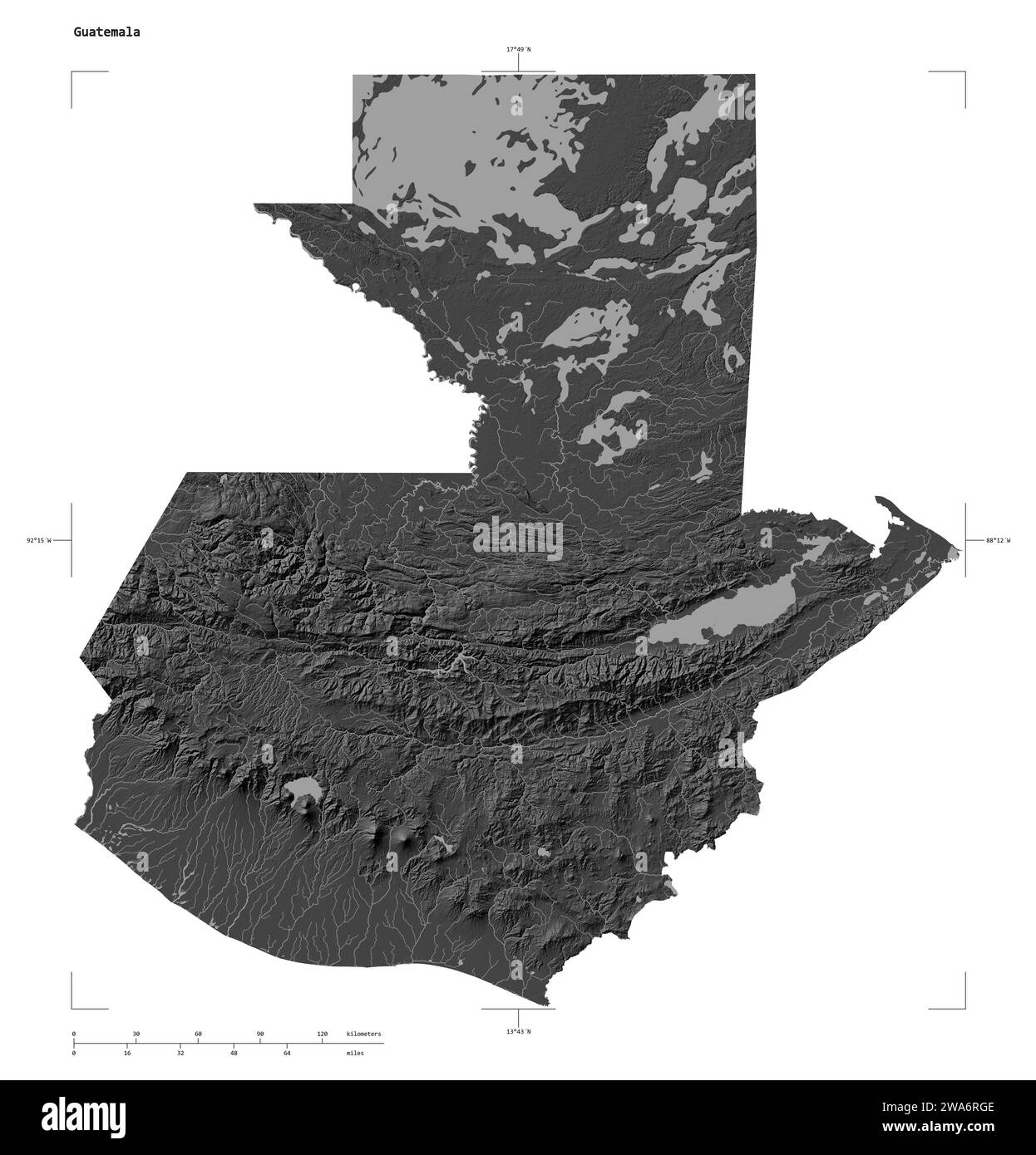 Shape of a Bilevel elevation map with lakes and rivers of the Guatemala, with distance scale and ...