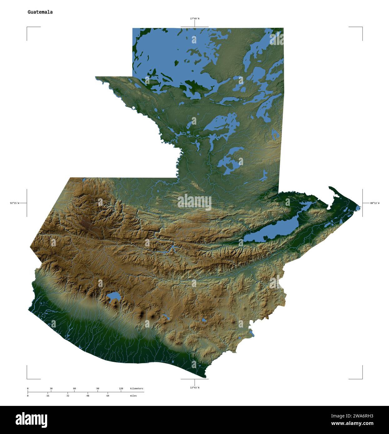 Shape of a Colored elevation map with lakes and rivers of the Guatemala ...