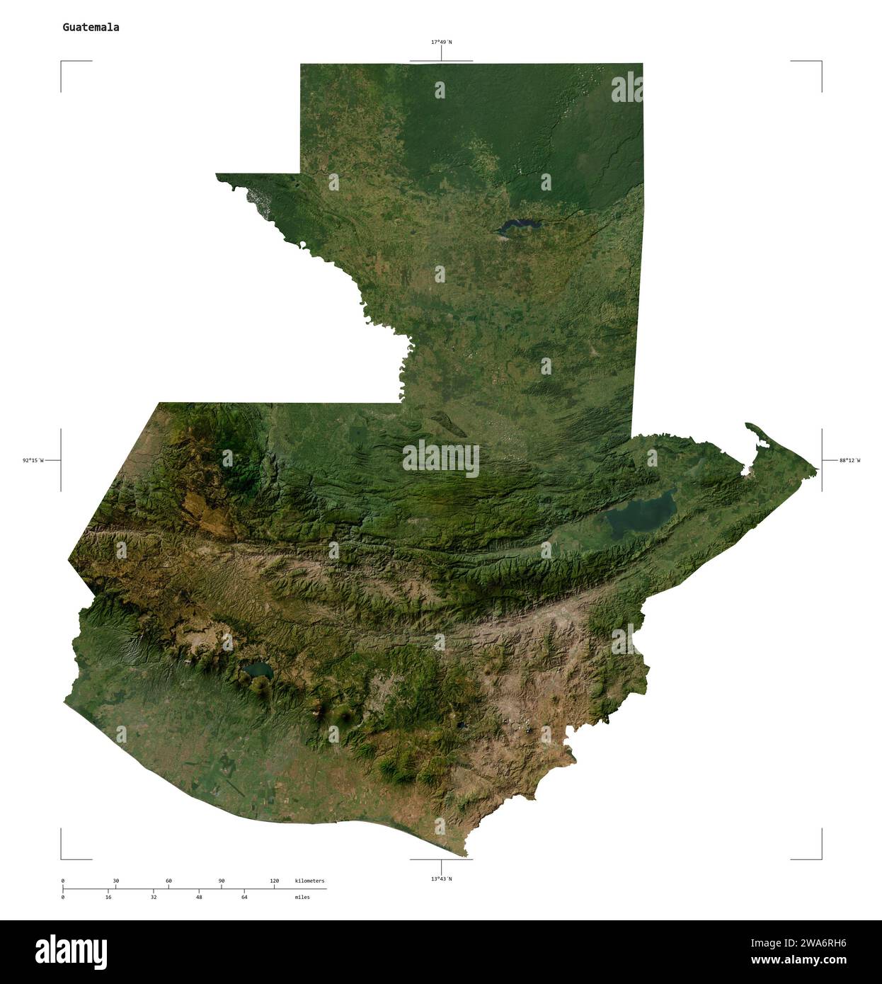 Shape of a low resolution satellite map of the Guatemala, with distance scale and map border ...